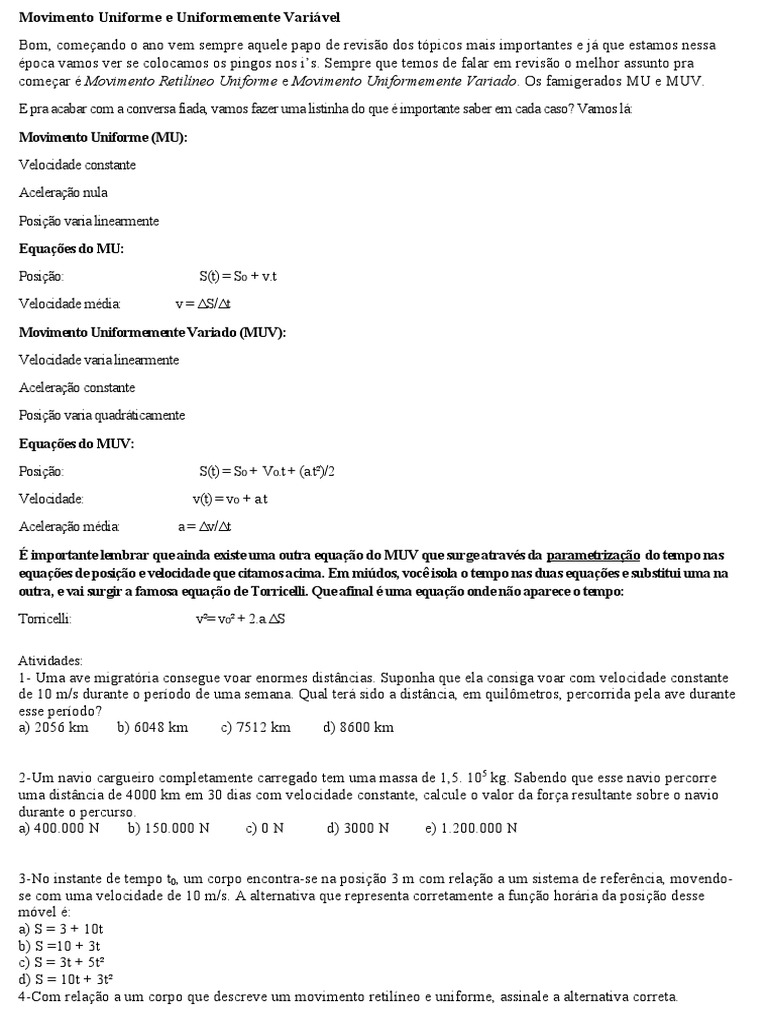 Movimento Uniforme e Uniformemente Variável | PDF