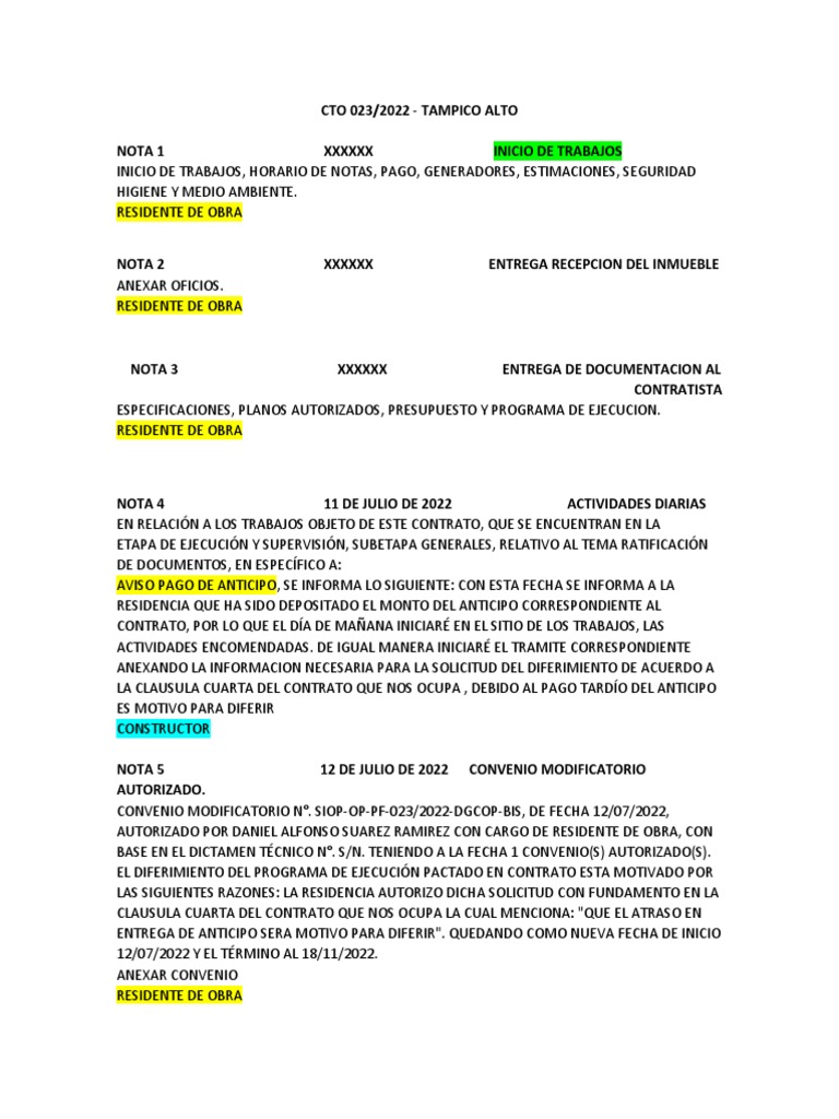 Notas para Apertura de Bitacora 001-22 | PDF