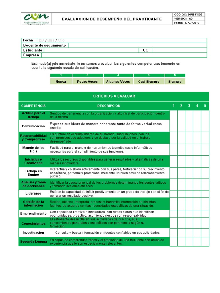 Formato Evaluación de Desempeño Del Practicante | PDF