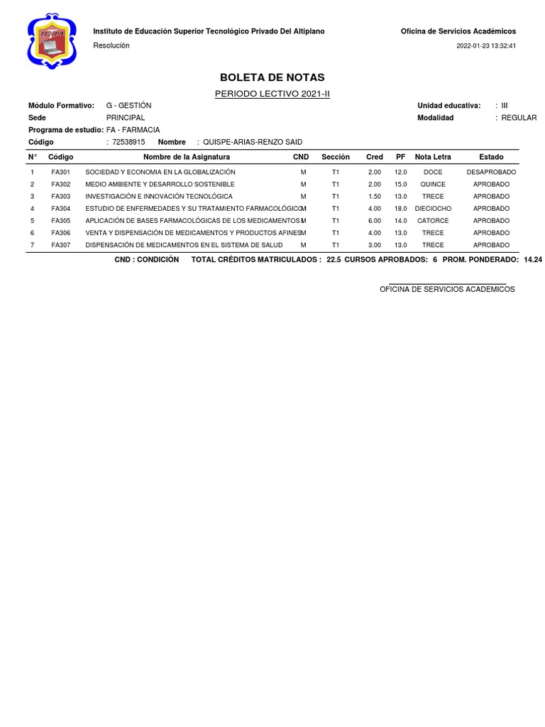 Boleta de Notas Farmacia 2021-II | PDF
