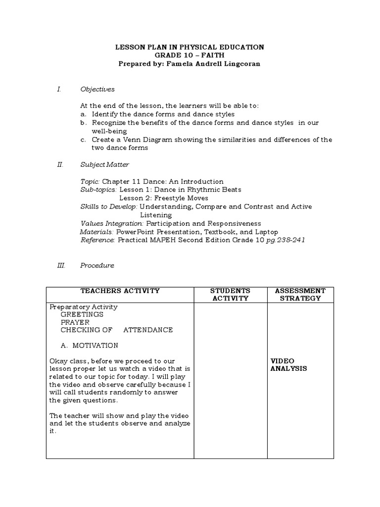 Lesson Plan in Physical Education - Grade 10 Faith | PDF | Hip Hop ...