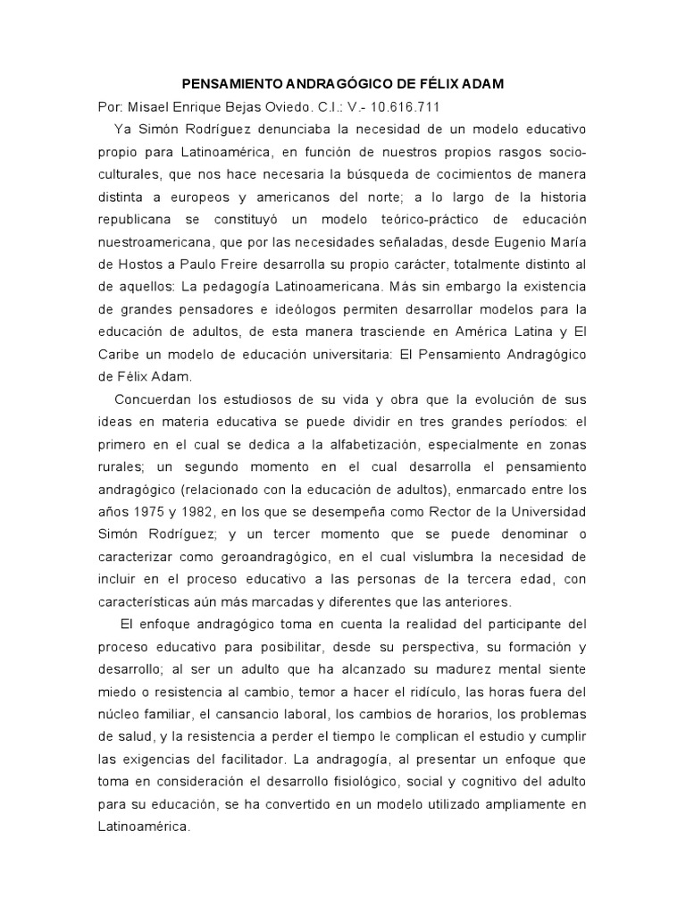 MISAEL BEJAS Pensamiento Andragógico de Félix Adams | PDF