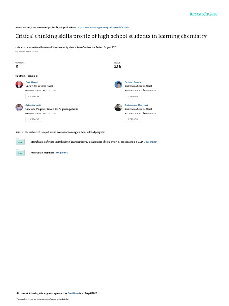 Critical Thinking Skills Profile of High School Students | PDF ...