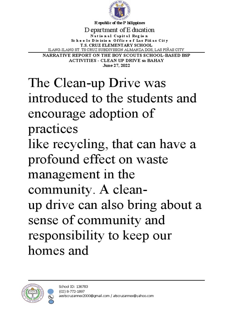 Clean-Up Drive Report at T.S. Cruz School | PDF | Pollution ...