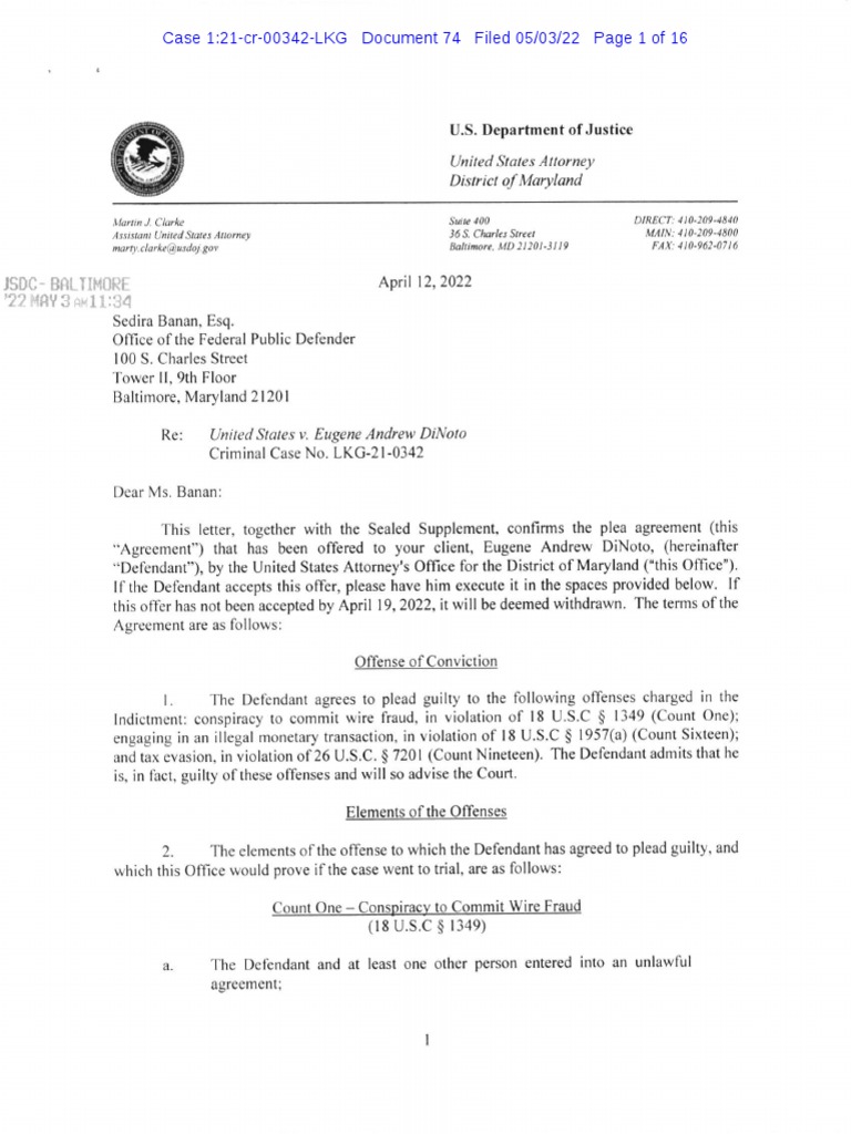 DiNotoEugenePleaAgreement Courtfiled | PDF | United States Federal ...