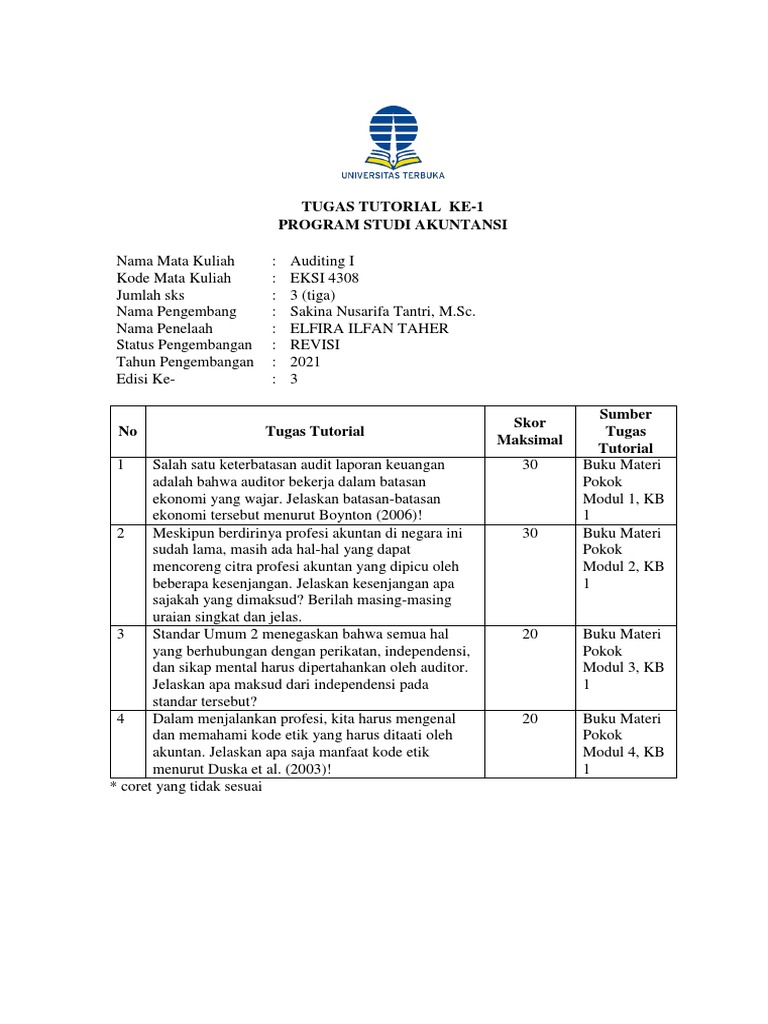 Tugas 1 Auditing 1 Eksi 4308 | PDF