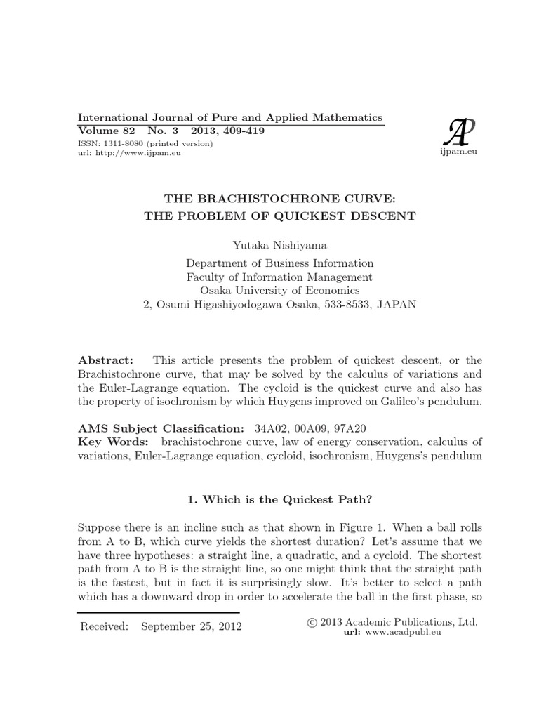 The Brachistochrone Curve Pdf Calculus Of Variations Pendulum
