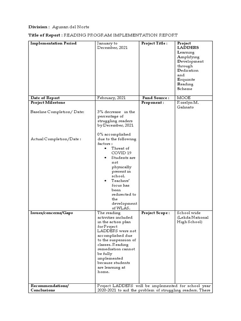 Reading Program Terminal Report-2020 | PDF