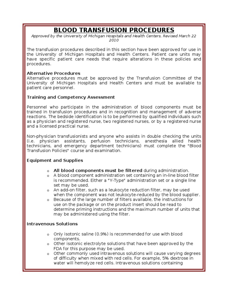 Transfusion Procedures | PDF | Blood Transfusion | Intravenous Therapy