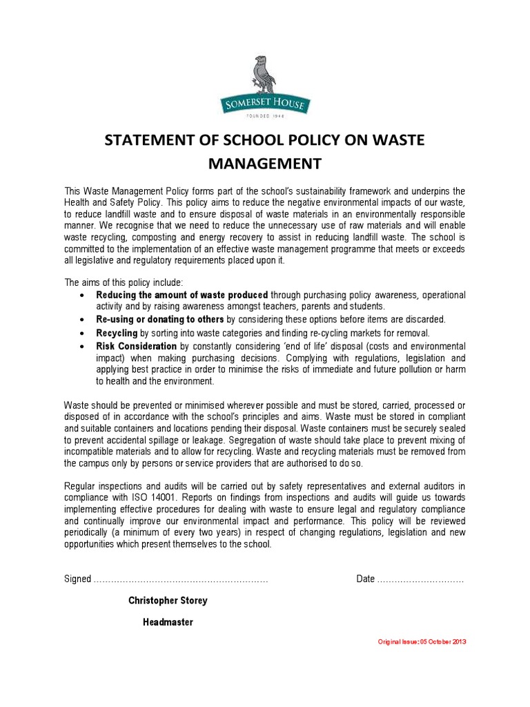 School Waste Management Policy | PDF