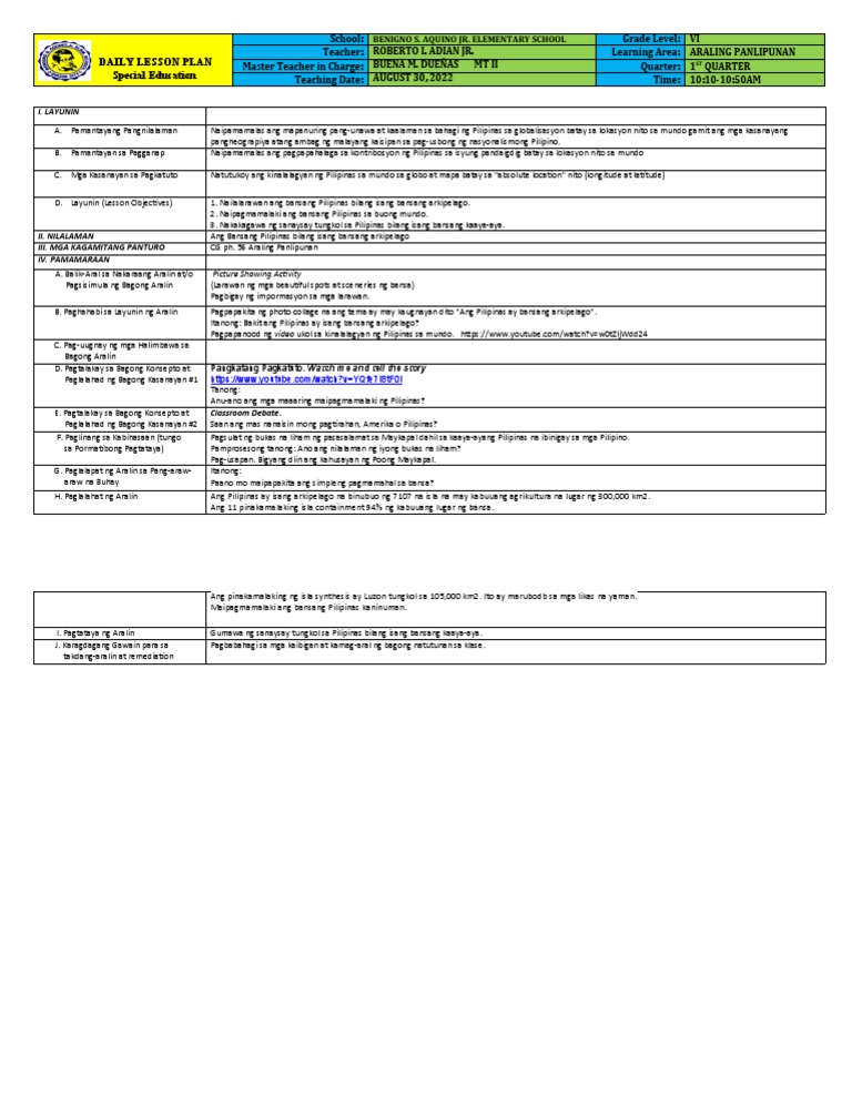 DLP - Araling Panlipunan 6 - Q1 - W1 | PDF