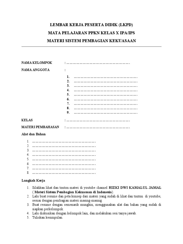 LKPD PPKN Sistem Pembagian Kekuasaan | PDF