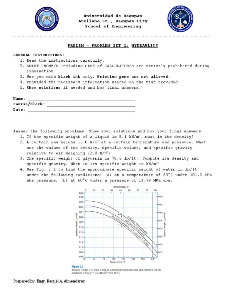 Prelim Problem Set 1 Properties of Fluids and Unit Pressure | PDF