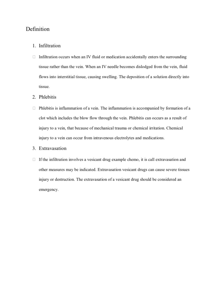 Definition of Infiltration Phlebitis and Extravasation | PDF ...