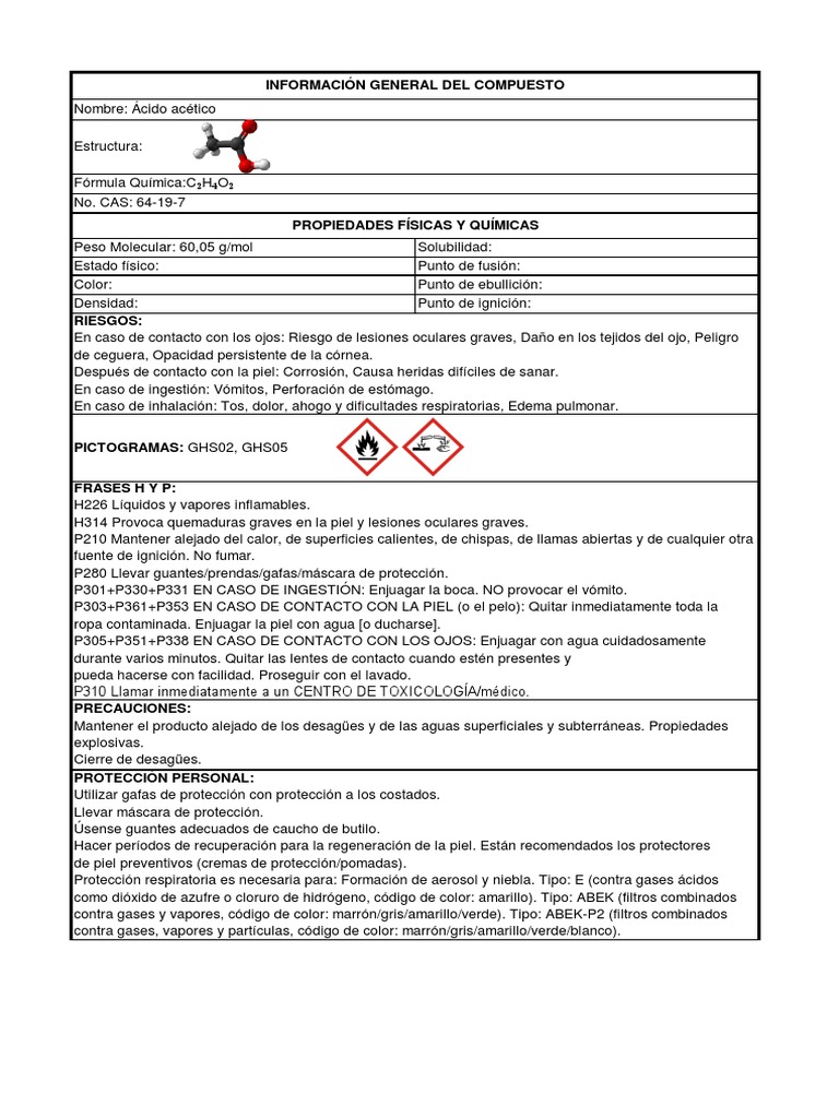 Ficha Tecnica Ácido Acético | PDF | Agua | Quemar