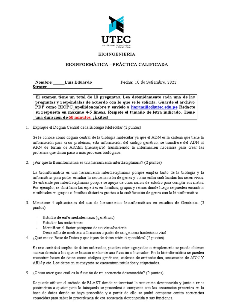 Practica Calificada Bioinformatica | PDF | Bioinformática | Adn