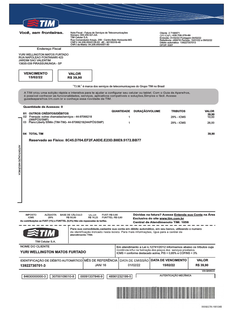 Fatura Tim YURI | PDF
