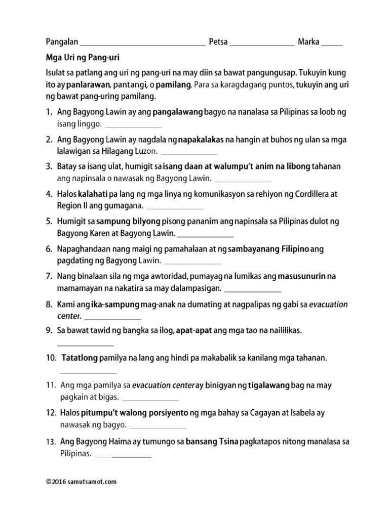 Mga Uri NG Pang Uri Worksheet 1 | PDF