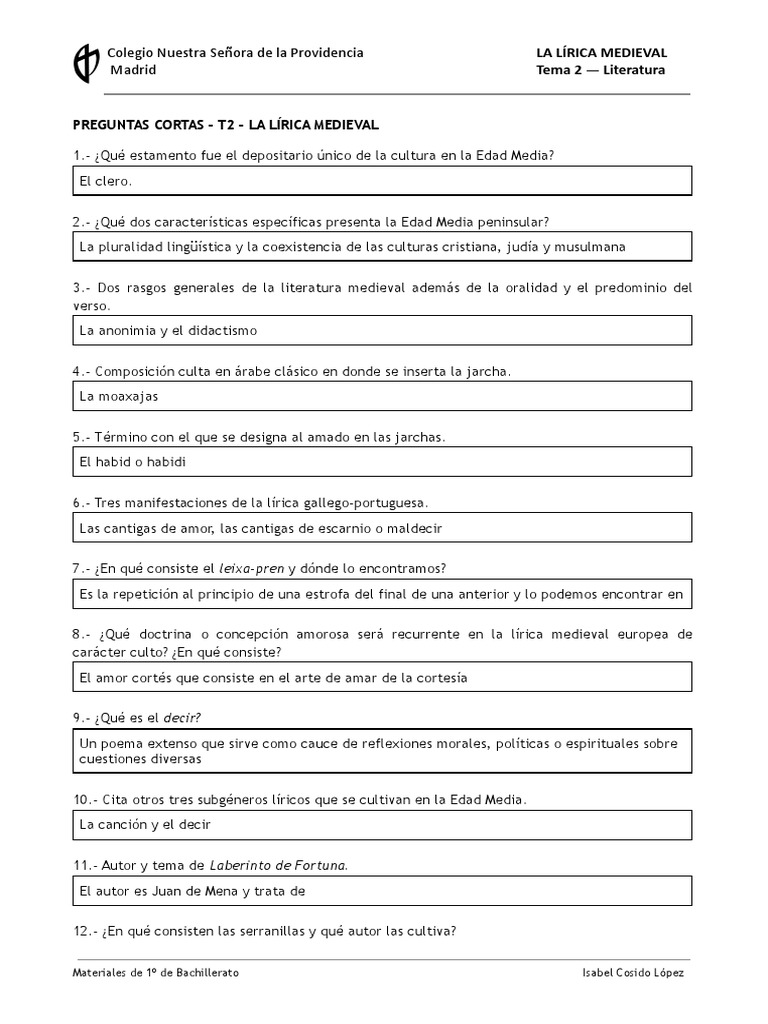 1ºBach-T2 Lit Act Preguntas-Cortas | PDF | Edades medias