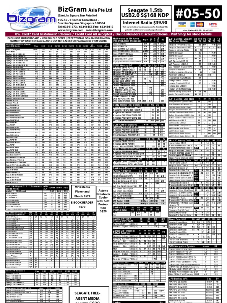 Bizgram Asia July 24th 2011 #05-50 Simlim Square Pricelist | PDF