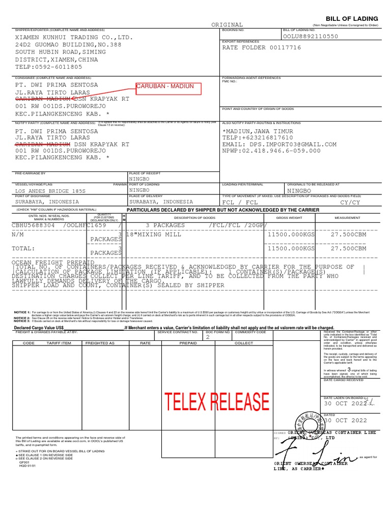 Oolu8892110550 BL Telex | PDF