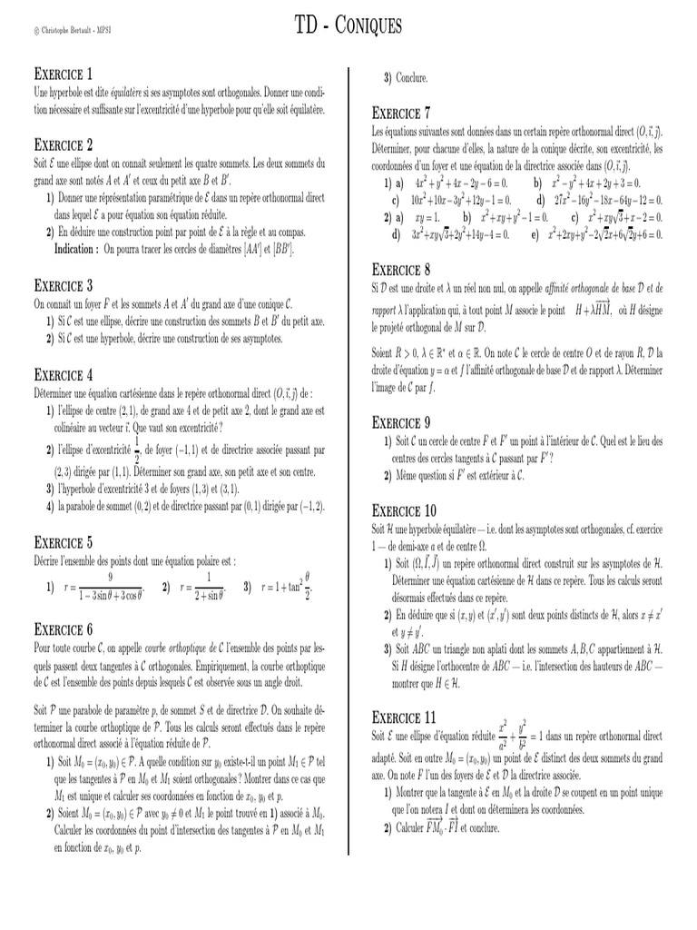Exercices - Coniques | PDF