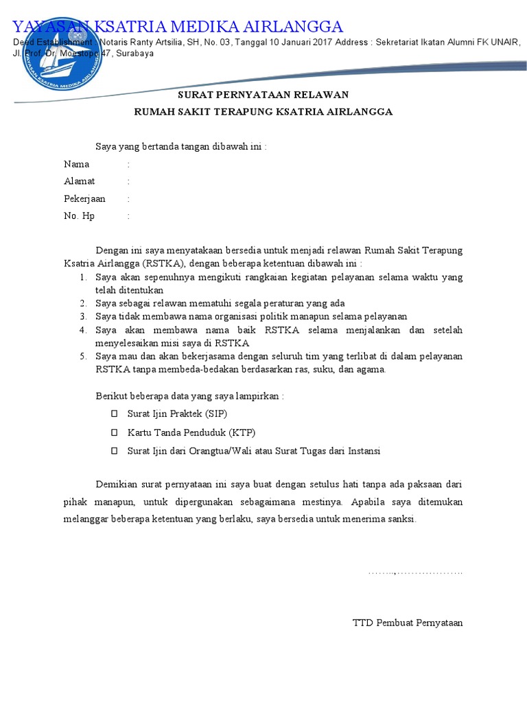 Surat Ijin & Kesediaan Relawan | PDF