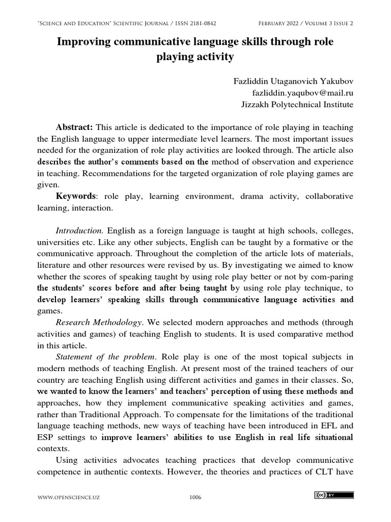 Improving Communicative Language Skills Through Role Playing Activity ...