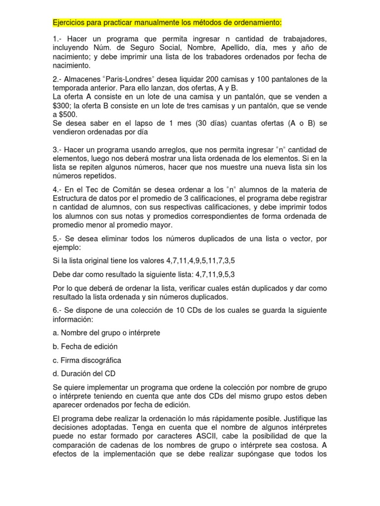 Ejercicios Ordenamiento Pdf Estructura De Datos De Matriz Disco Compacto