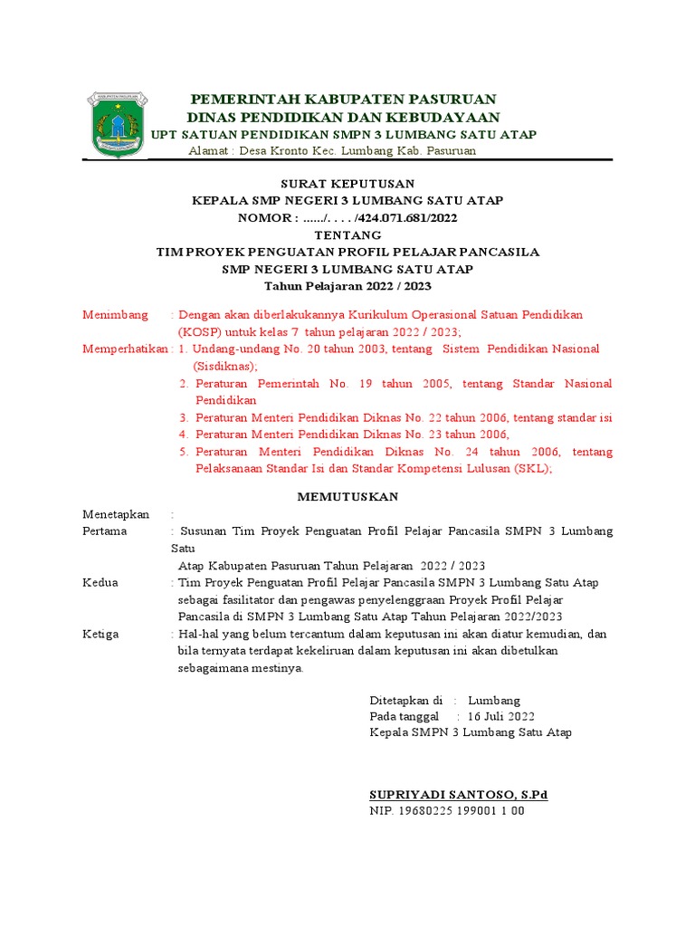 SK Team Proek Penguatan Profil Pelajar Pancasila | PDF