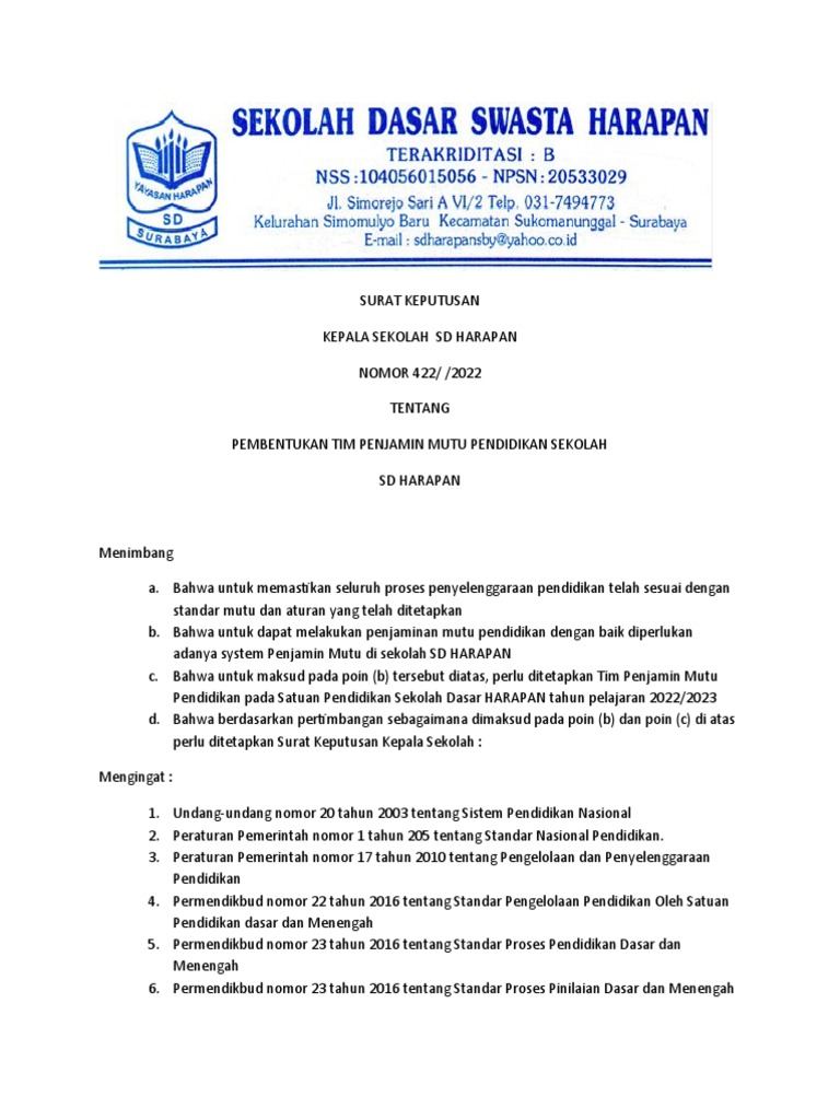 SK Tim Penjamin Mutu Sekolah 2022 | PDF