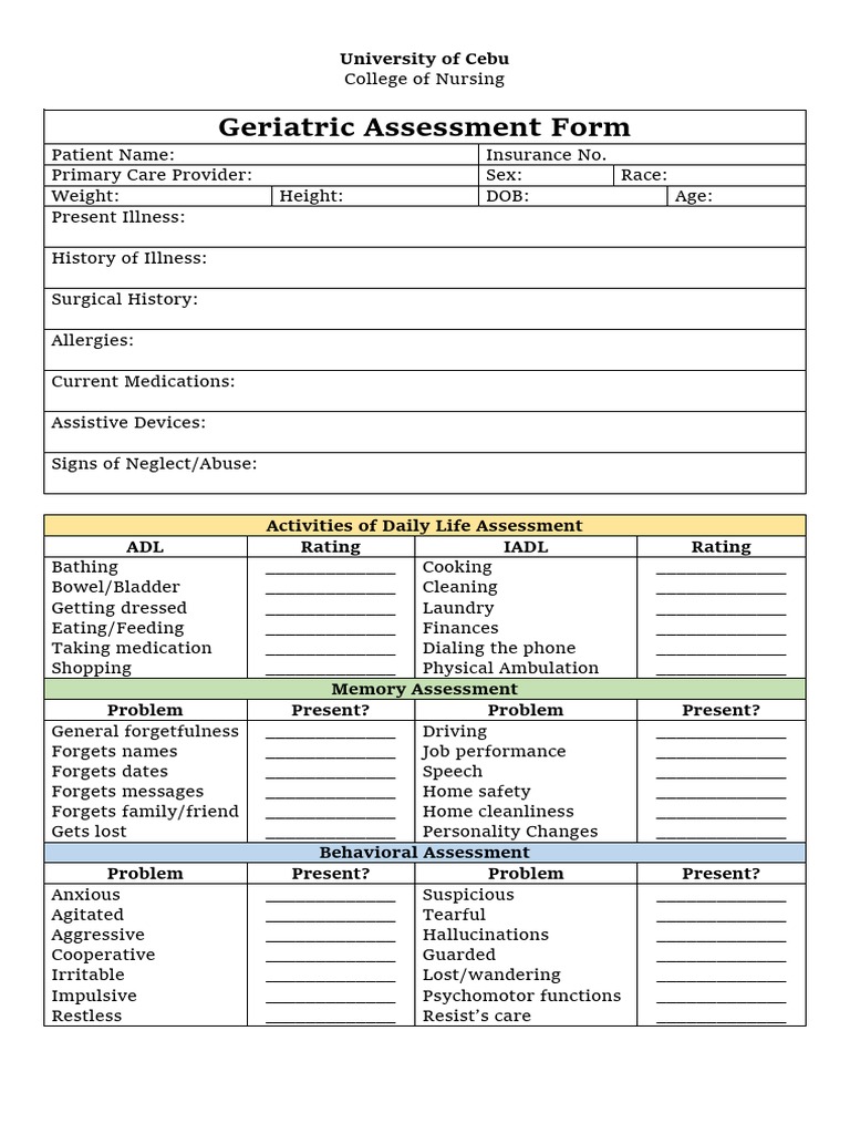 Gerontology - Geriatric Assesment Form | PDF | Geriatrics | Clinical ...