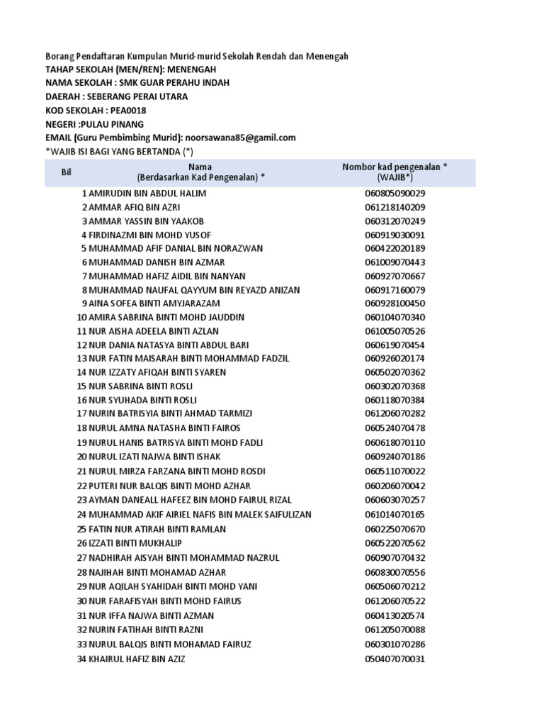 Borang Pendaftaran Pelajar - Malaysia Techlympics (Smkgpi) | PDF