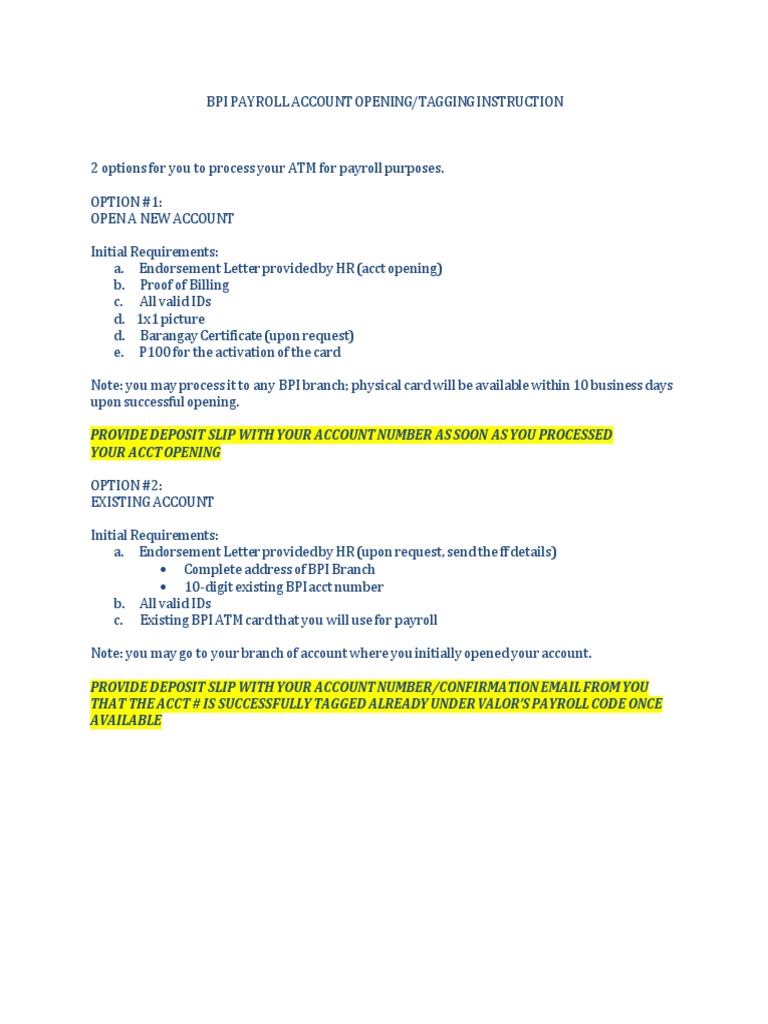 Bpi Payroll Account Instruction | PDF
