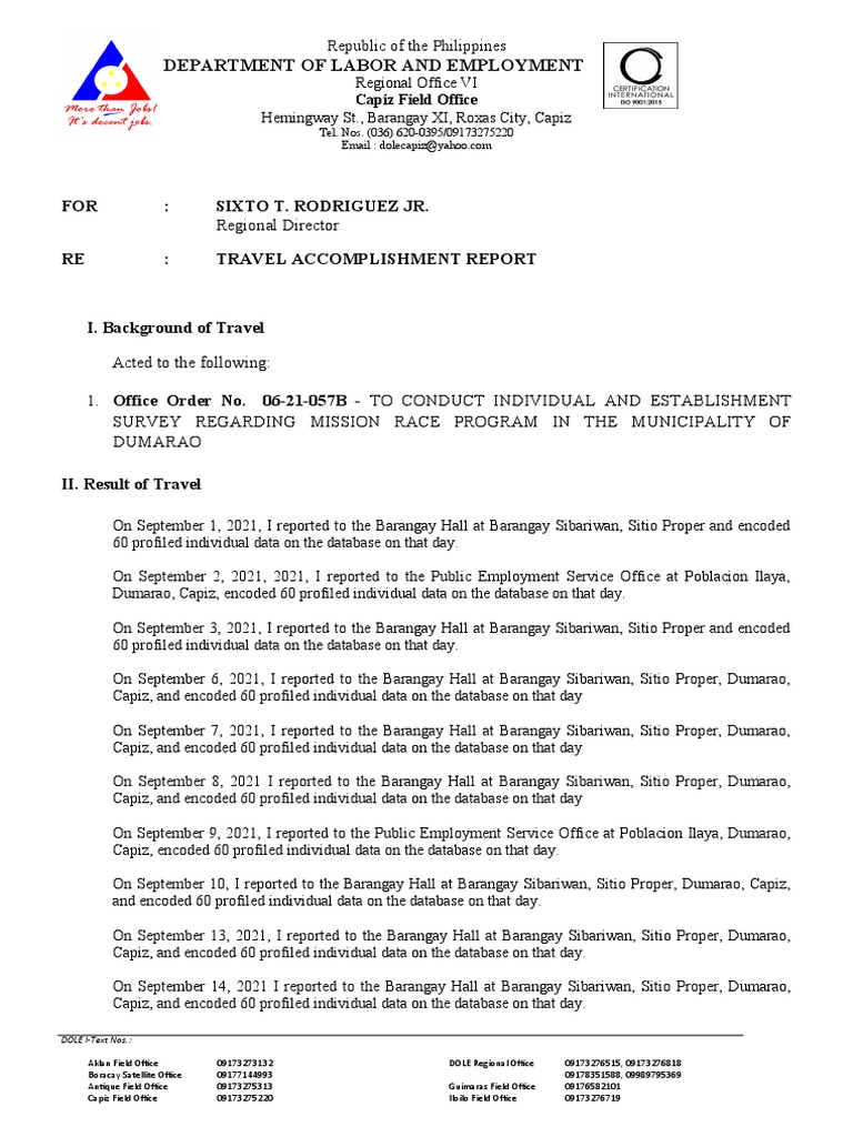 Dumarao Travel Accomplishment Report | PDF