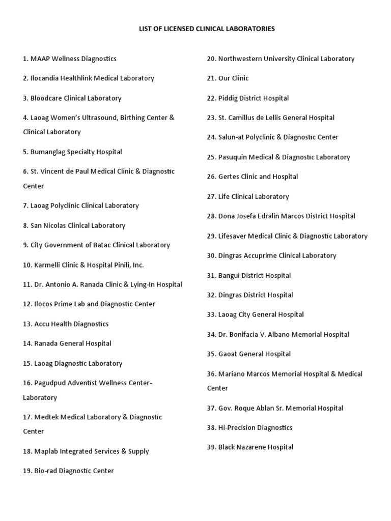 List of Licensed Clinical Laboratories | PDF