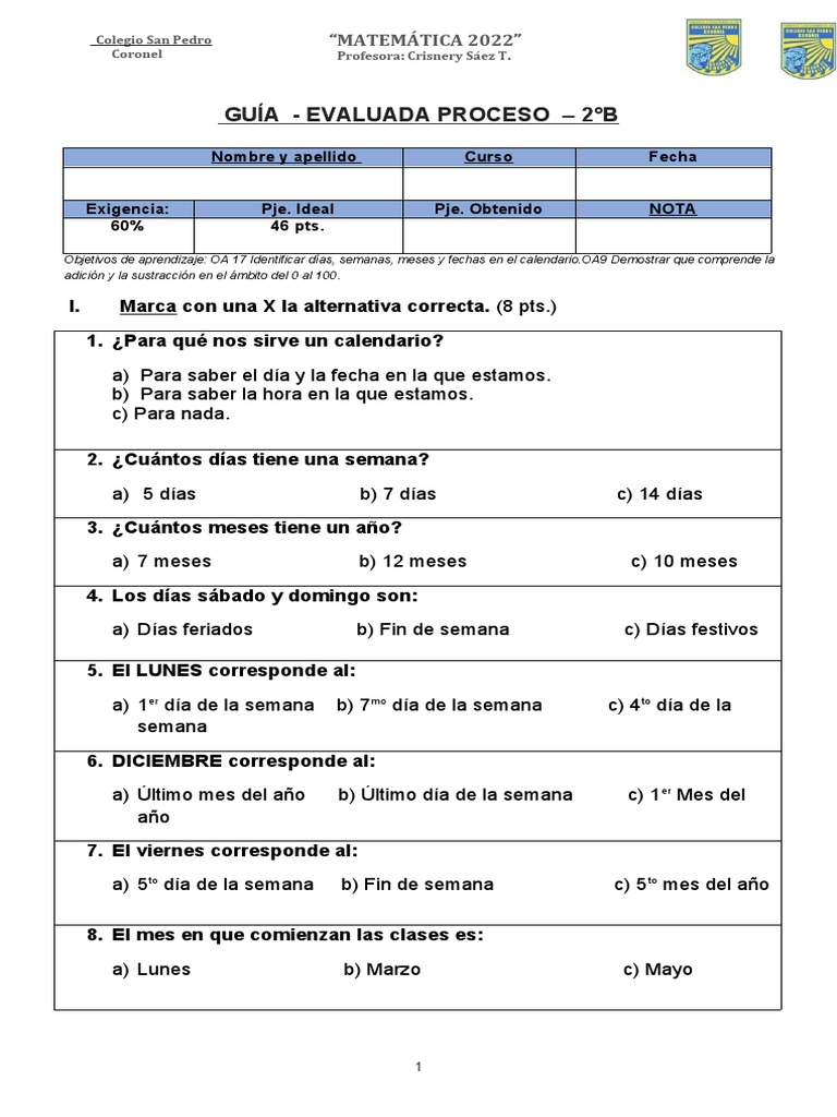 Guia Evaluada Dias y Meses Del Año | PDF | Calendario