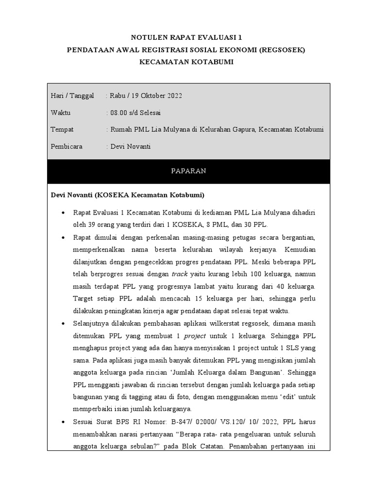 Notulen Rapat 1 Pertemuan Devi - Docx Ika | PDF