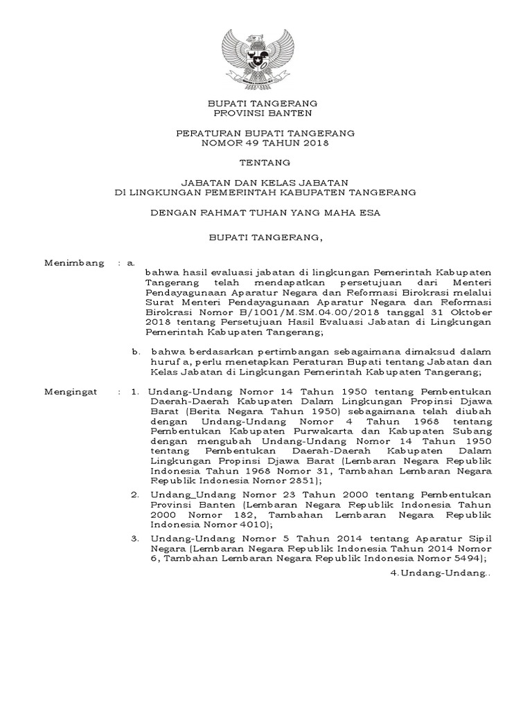 Perbup 49 Tahun 2018 Tentang Jabatan Dan Kelas Jabatan | PDF