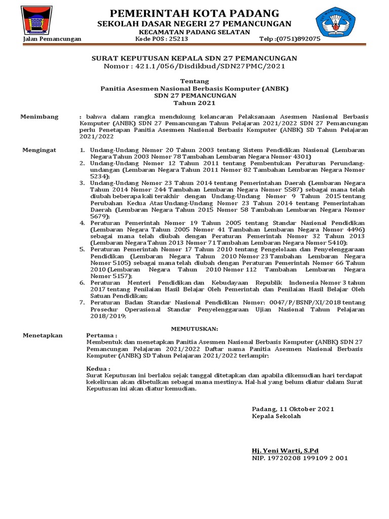 Contoh SK Panitia Anbk | PDF