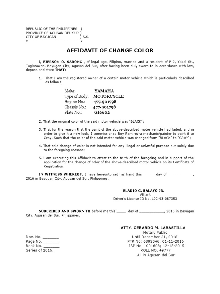 Affidavit For Change of Color Thru Mechanic - Sample | PDF | Affidavit | Road Transport