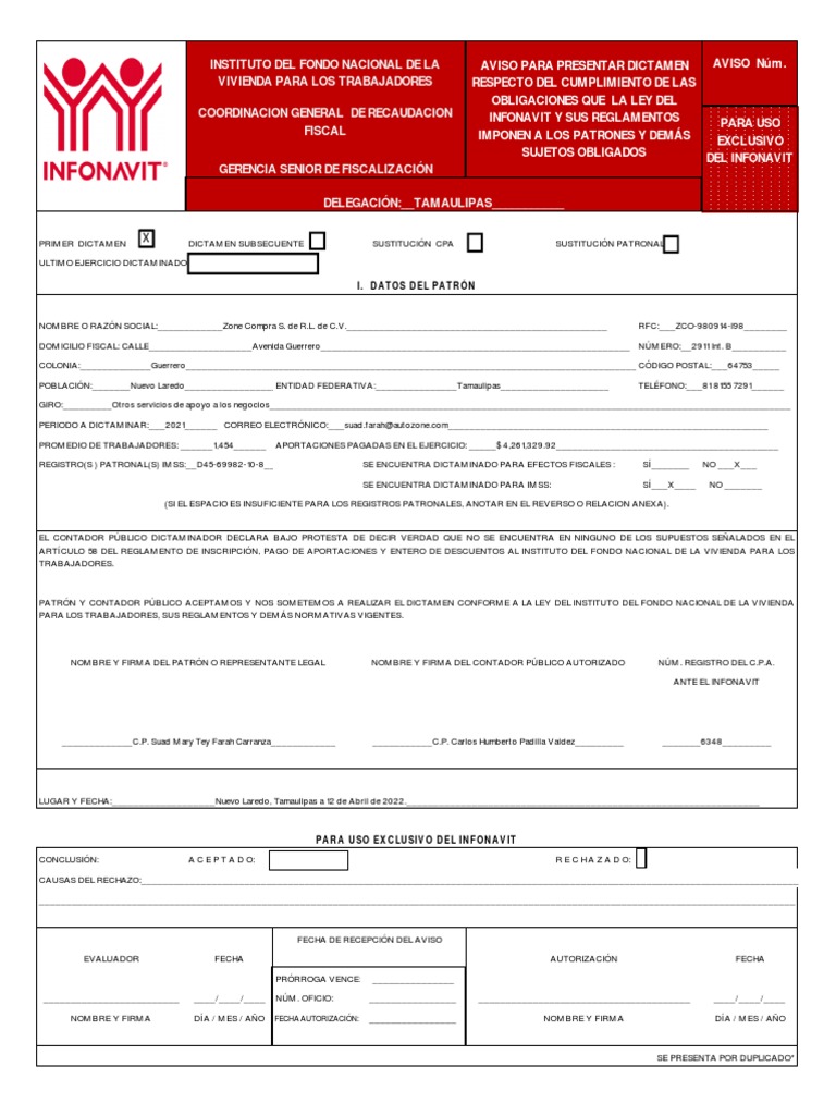 Aviso para Presentar Dictamen Infonavit ZC | PDF