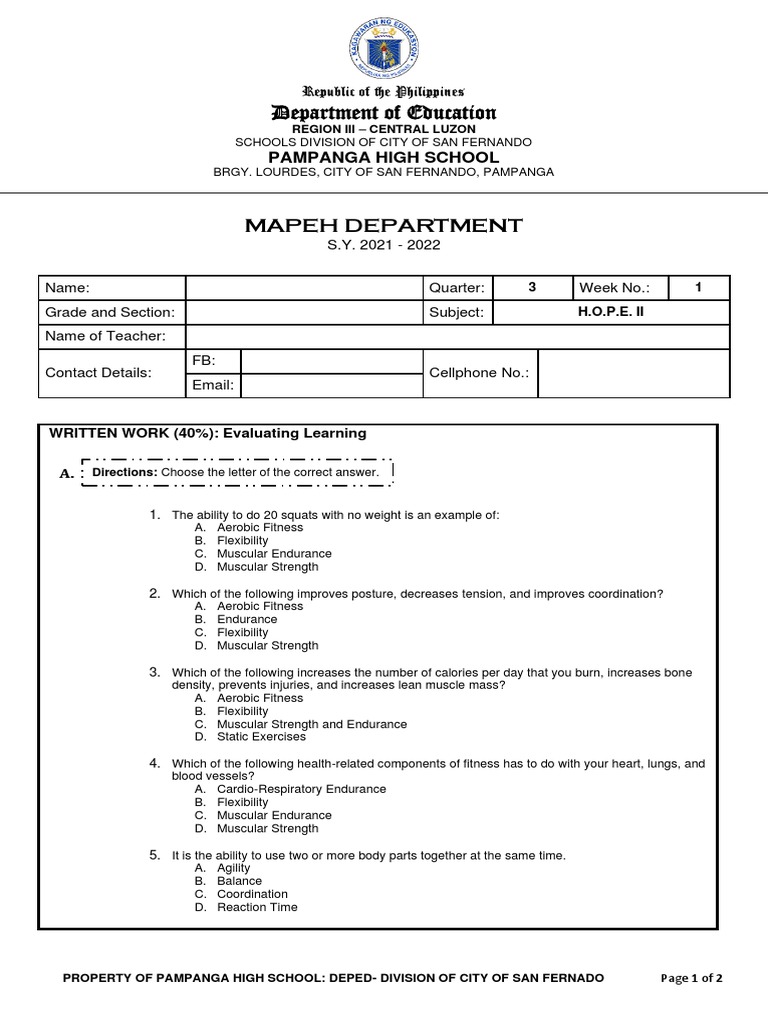 HOPE2 11 Q3 W1 7 Modified Assessment | PDF | Physical Fitness ...