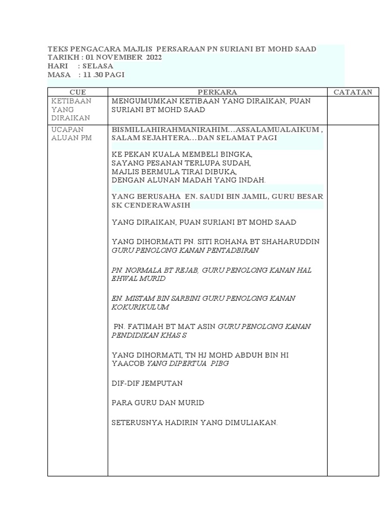 Teks Pengacara-Cikgu Suriani 1 | PDF