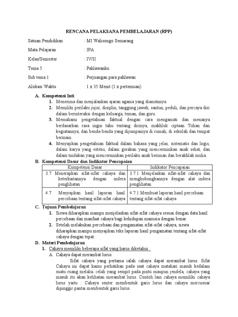 RPP IPA Kelas 4: Sifat Cahaya | PDF