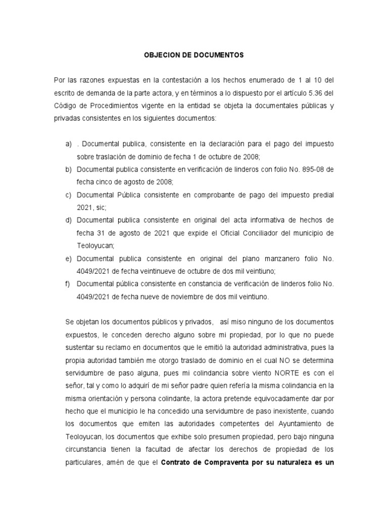 OBJECION DE Dctos | PDF | Propiedad | Justicia