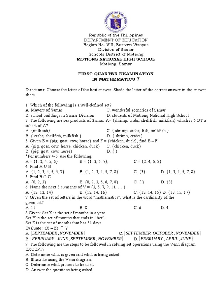1st Quarter Examination Math7 2022 2023 | PDF | Mathematics | Arithmetic
