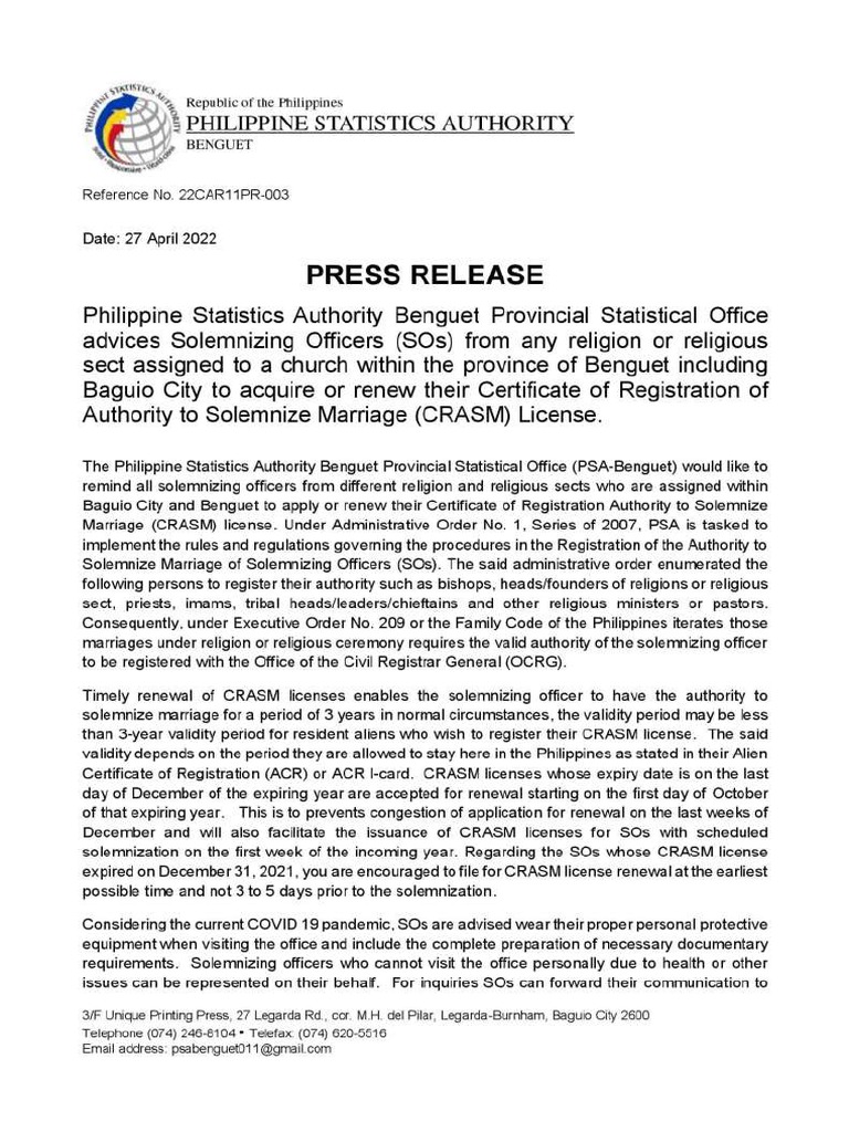 Filing of Certificate of Registration of Authority To Solemnize ...