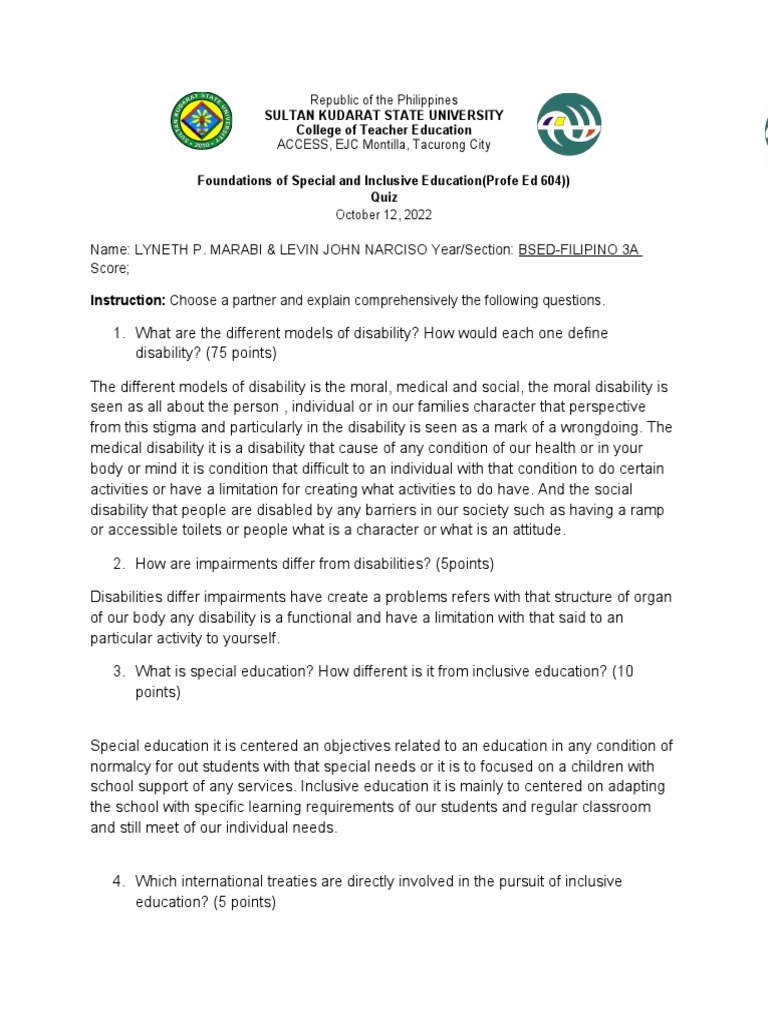Foundatiions of Special and Inclusive Education ProfEd604 Essay Quiz As of October 12 2022 | PDF ...