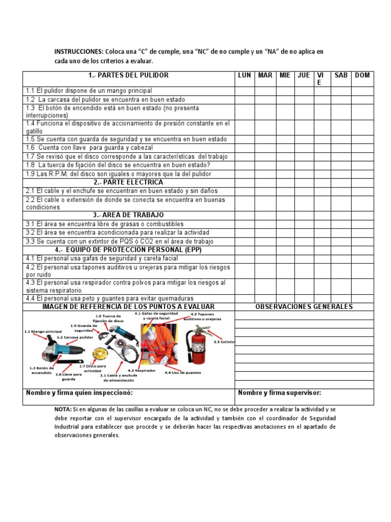 Inspección y Check List de Pulidoras | PDF